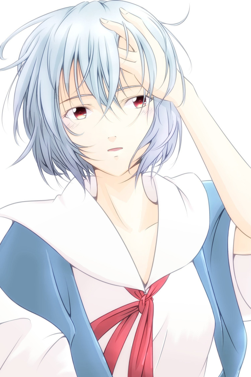 Safebooru - 1girl ayanami rei blue hair blush hand in hair highres kai (hizikata) looking at ...