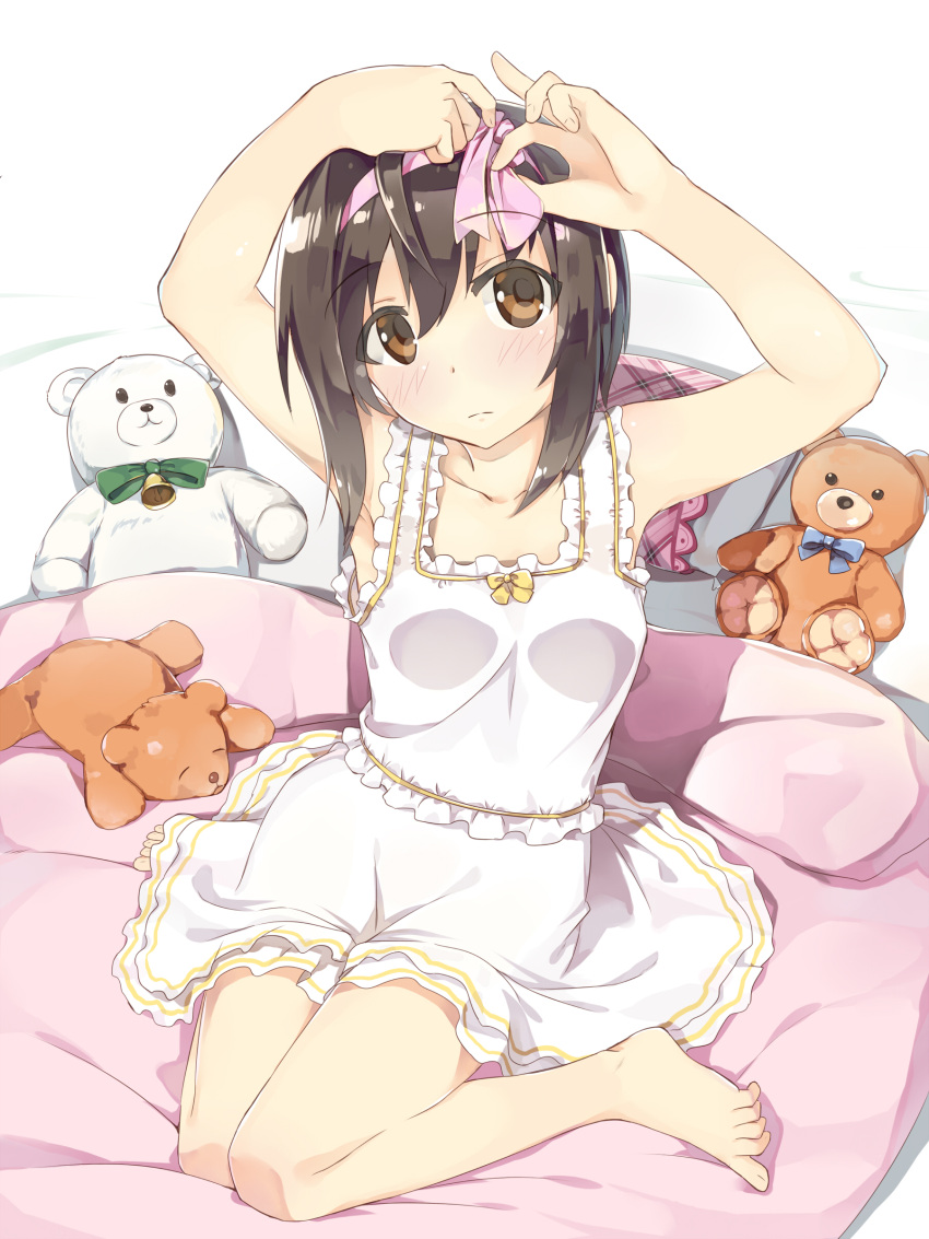 Safebooru - 1girl absurdres adjusting hair ahoge arms up bare legs barefoot bed black hair blush ...