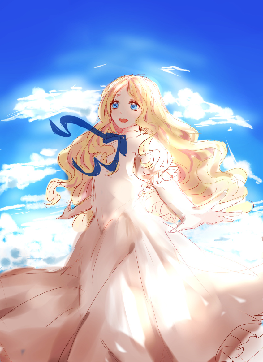 Safebooru - 1girl blonde hair blue eyes blue ribbon clouds dress ...