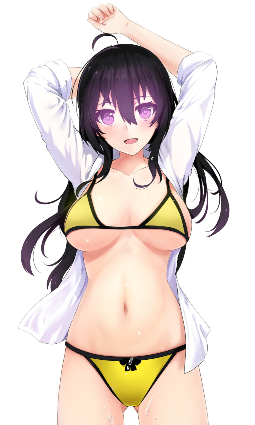 Safebooru - 1girl ahoge arm up beifeng han bikini black hair blouse breasts collarbone glowing ...