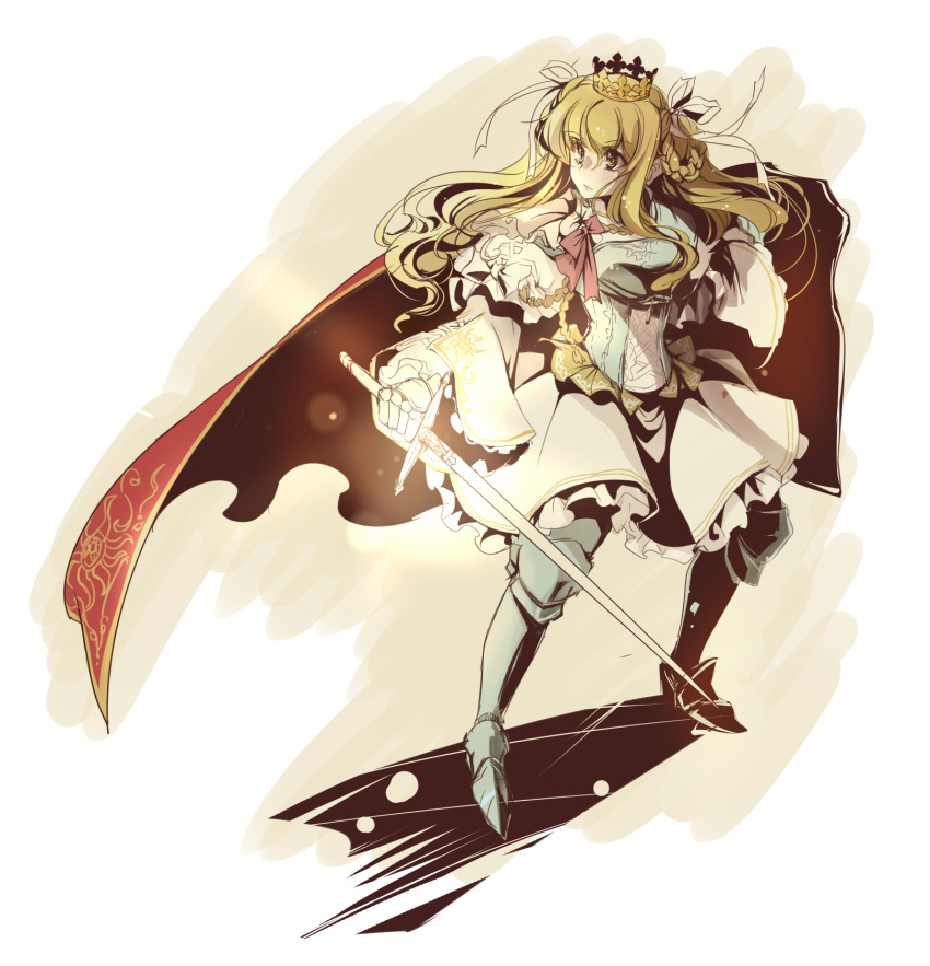 Safebooru - 1girl armor armored boots blonde hair boots braid cape crown gauntlets green eyes ...