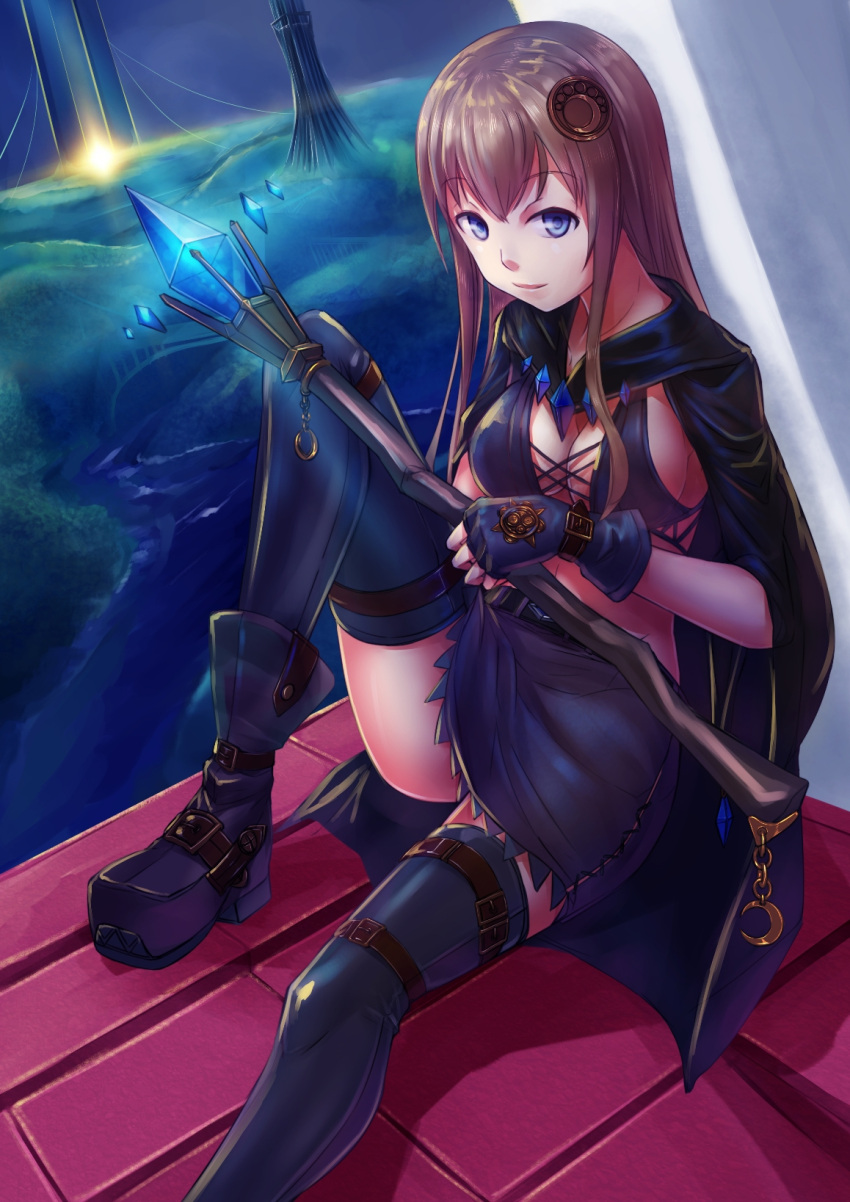 Safebooru - 1girl belt black gloves black legwear black skirt breasts brown hair cleavage ...
