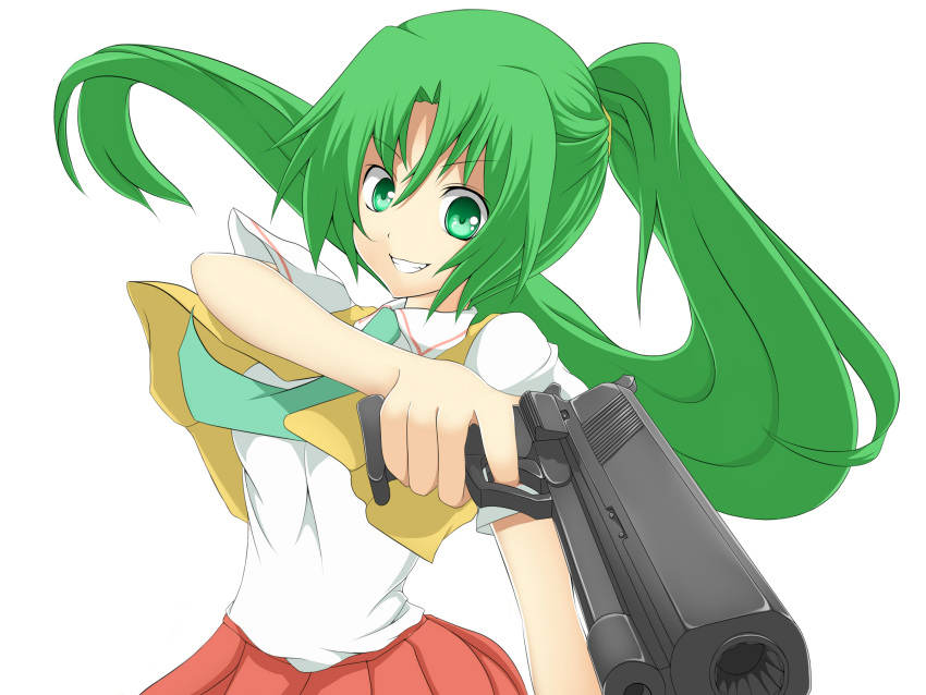 Safebooru - green hair grin gun handgun highres higurashi no naku koro ...