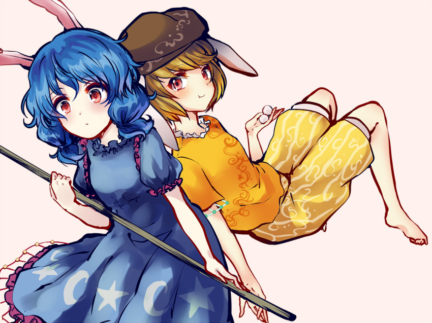 Safebooru - 2girls animal ears barefoot blonde hair blue dress blue hair dango dress eating food ...