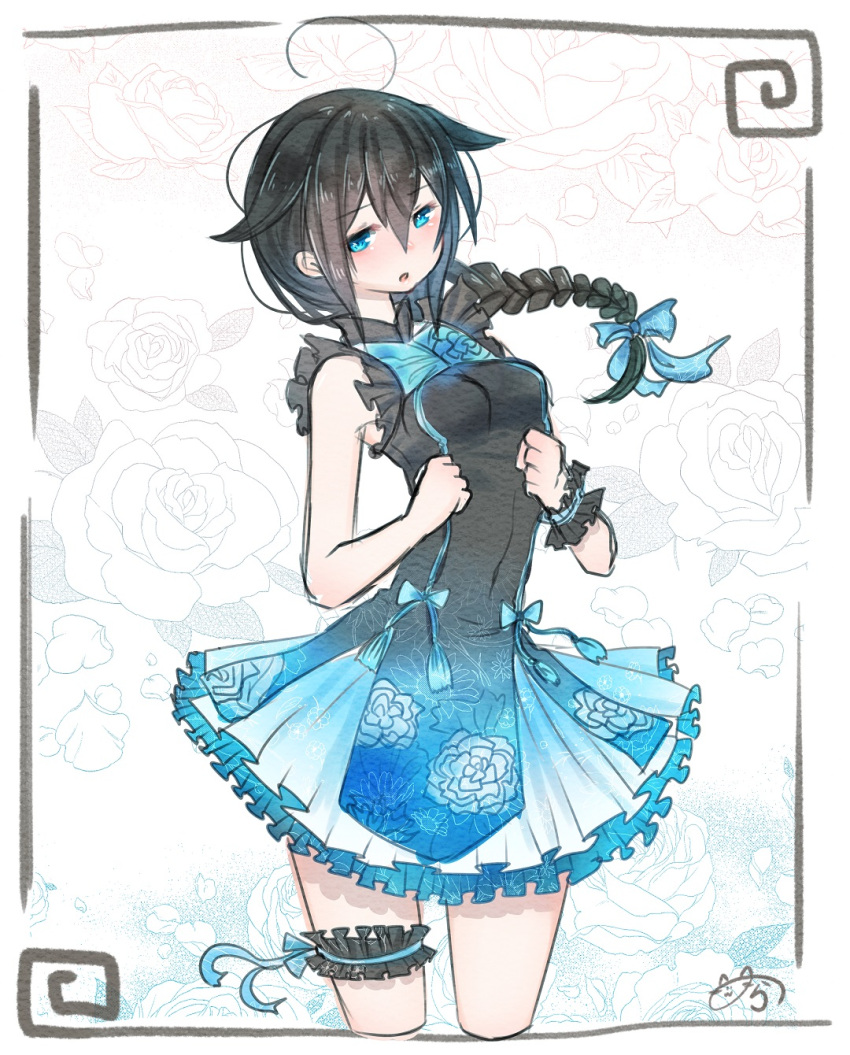 Safebooru - 1girl ahoge alternate costume black hair blue eyes blush bow braid dress floral ...