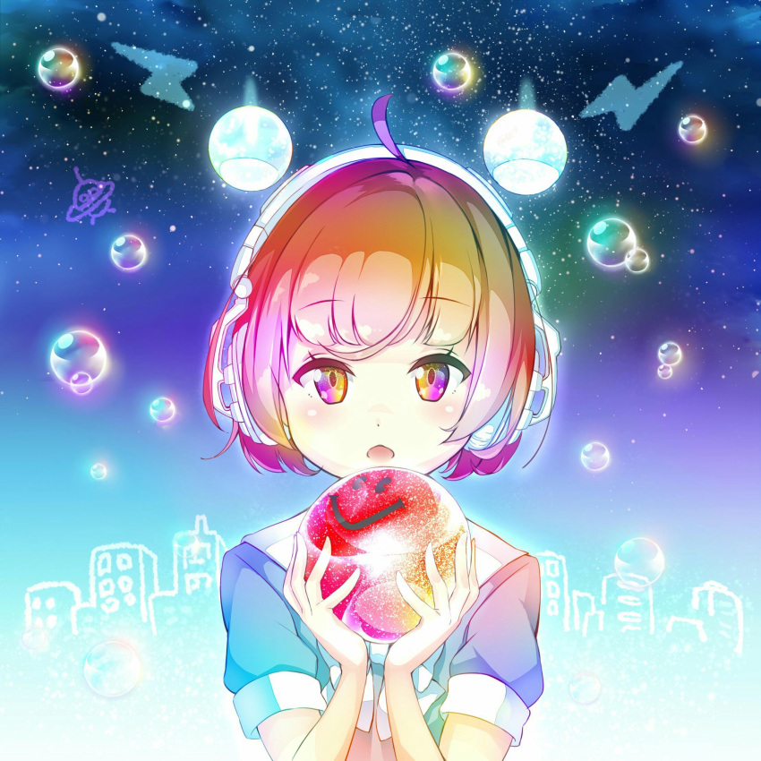 Safebooru - 1girl ahoge bubble glowing headphones highres holding ...