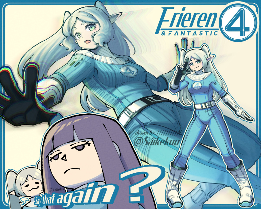 Safebooru - 2girls ? artist name blue bodysuit bodysuit closed mouth commentary elf english ...