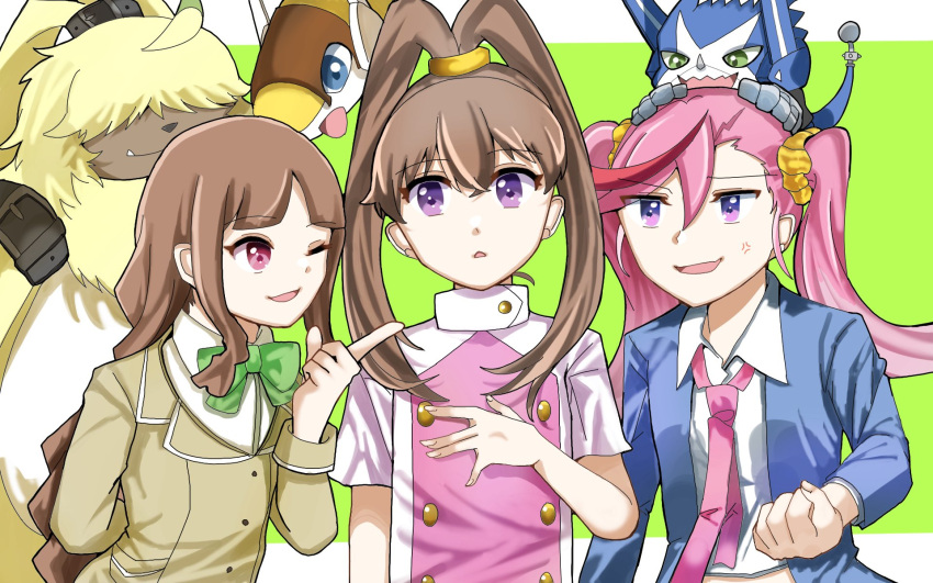 Safebooru - 3girls angoramon appmon blue jacket brown hair digimon ...
