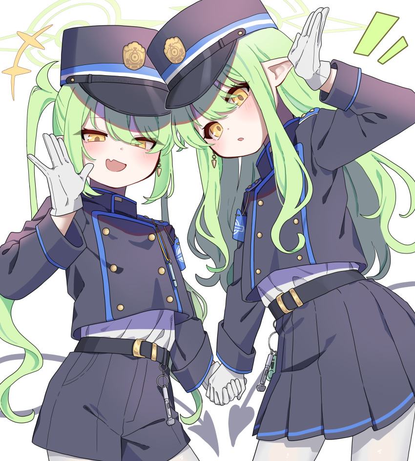 Safebooru - 2girls :d absurdres armband belt belt buckle black belt black hat black jacket black ...