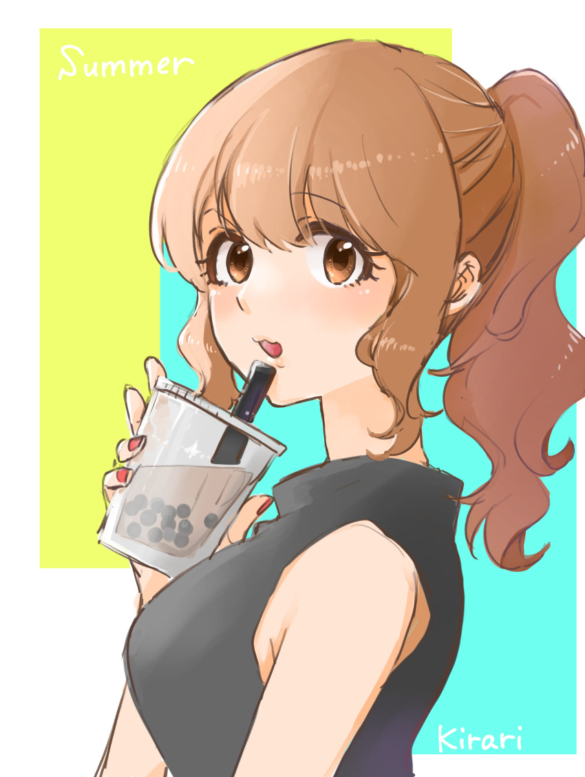 Safebooru - 1girl :3 absurdres black shirt breasts brown eyes brown hair bubble tea character ...