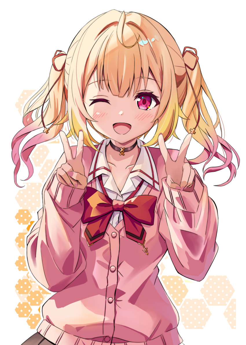 Safebooru - 1girl :d ahoge black choker black skirt blonde hair blush bow bowtie buttons ...