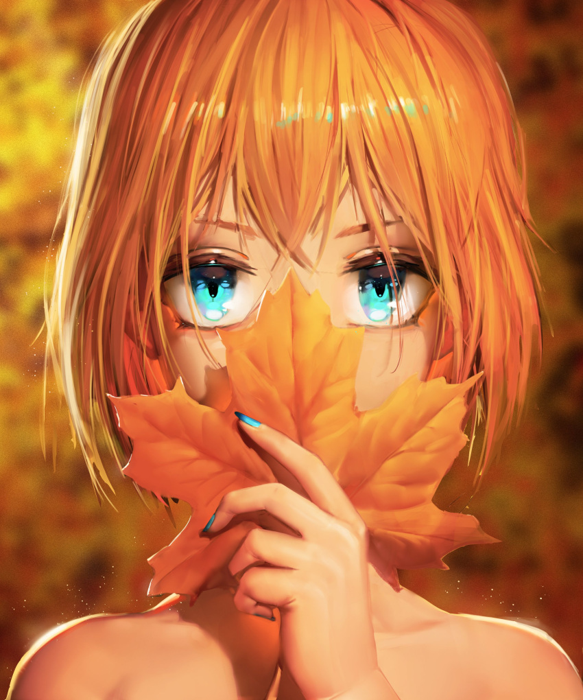 Safebooru - 1girl absurdres aqua eyes aqua nails autumn autumn leaves bare shoulders blonde hair ...