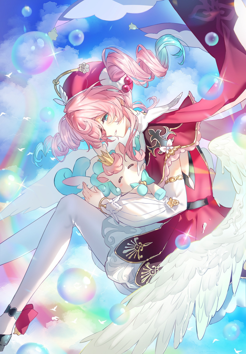 Safebooru - 0p78xopwsj83779 1girl angel wings animal aqua eyes aqua hair blue sky bubble clouds ...