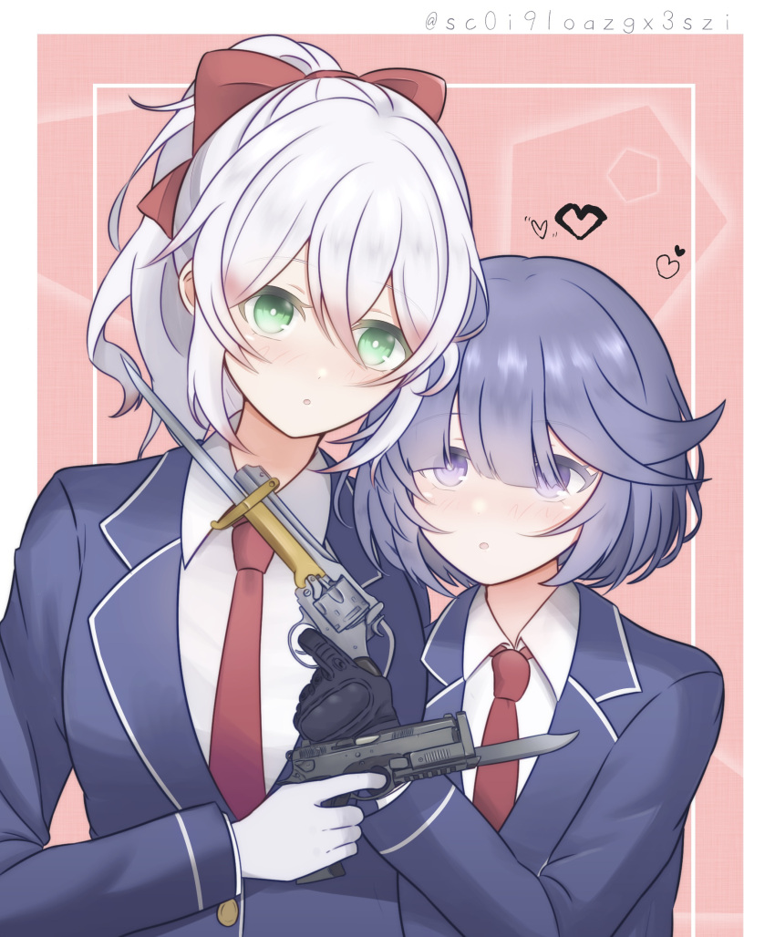 Safebooru - 2girls blue jacket blush bow collared shirt commentary request green eyes hair bow ...