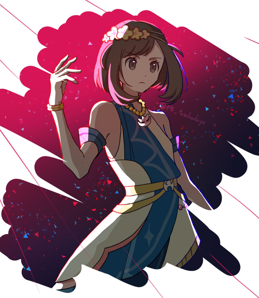 Safebooru - 1girl bead necklace beads black hair bracelet dress flower flower on head flower ...