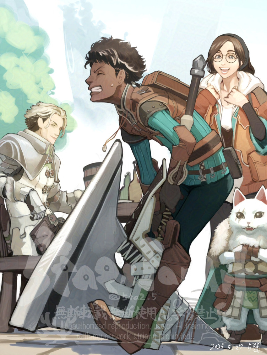 Safebooru - 1girl 2boys 5tatsu alma (monster hunter wilds) animal armor ...