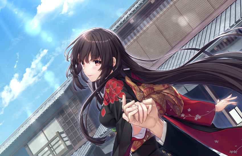 Safebooru - 1boy 1girl architecture black hair black kimono blue sky brown eyes east asian ...