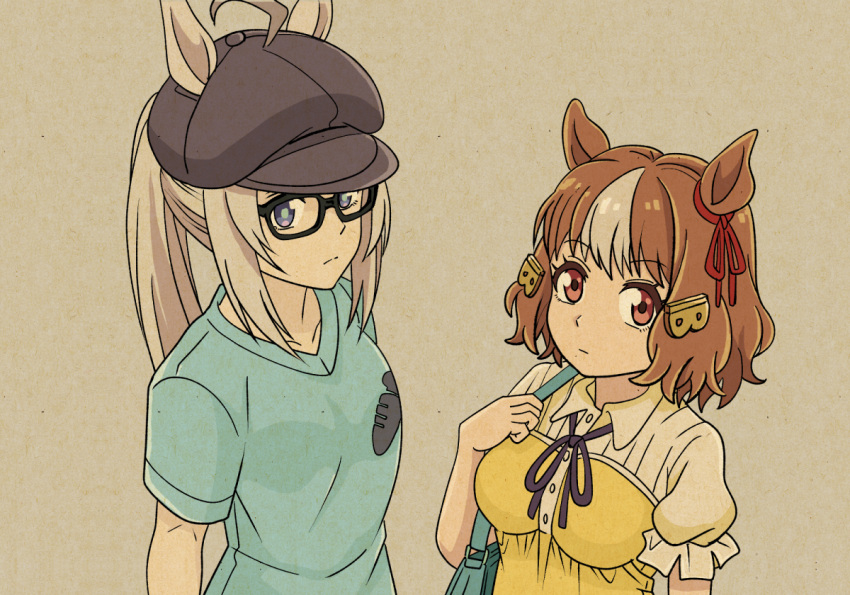 Safebooru - 2girls a-king ahoge animal ears bag belno light (umamusume) bespectacled black ...