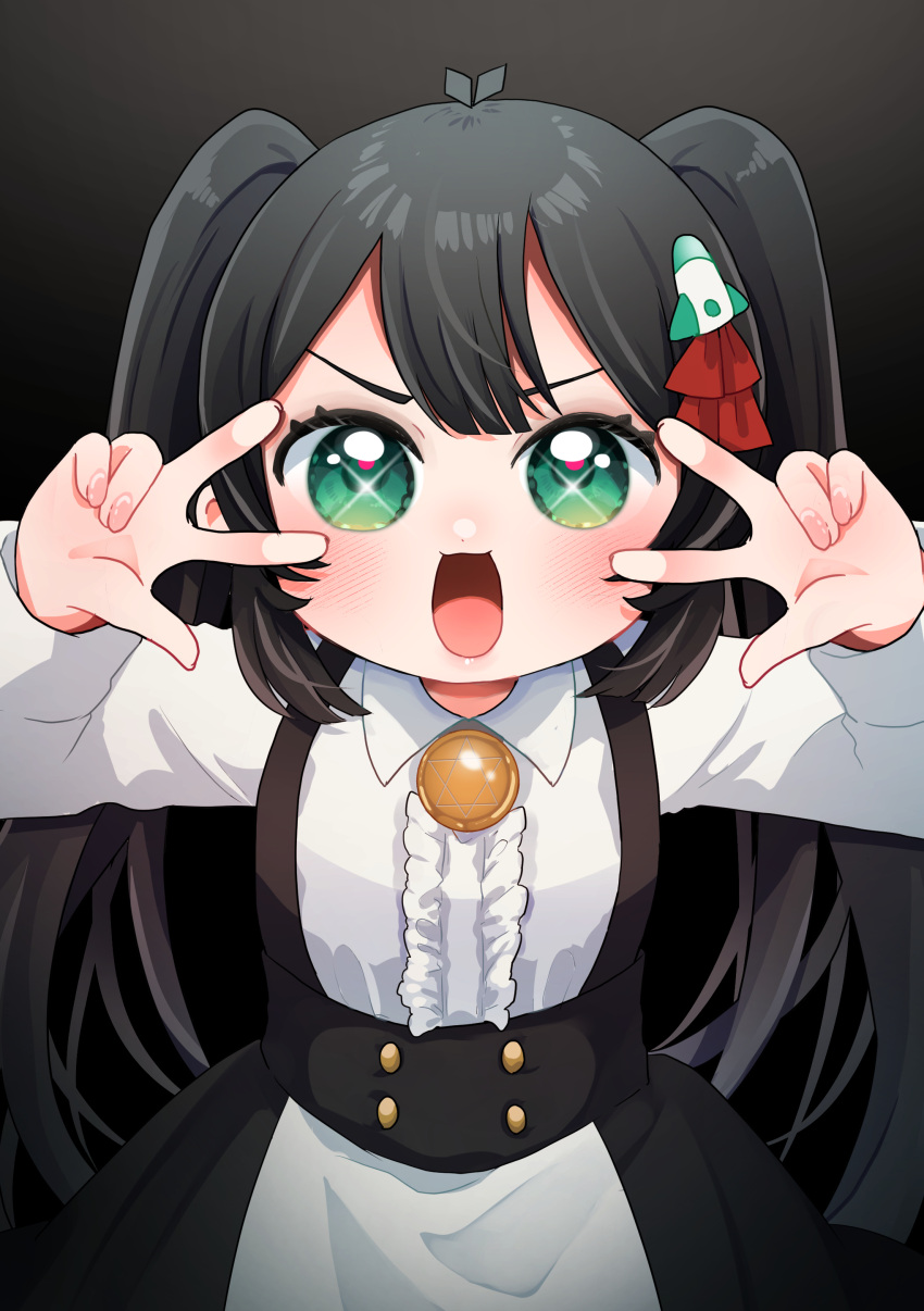 Safebooru - 1girl :3 absurdres antenna hair black background black hair black skirt blush brooch ...