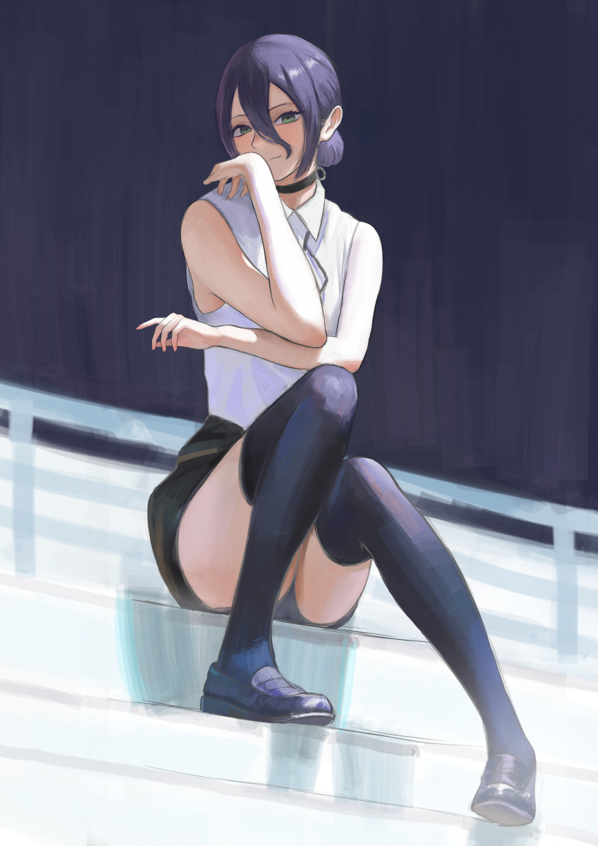 Safebooru - 1girl absurdres black choker black hair black shoes black shorts black thighhighs ...