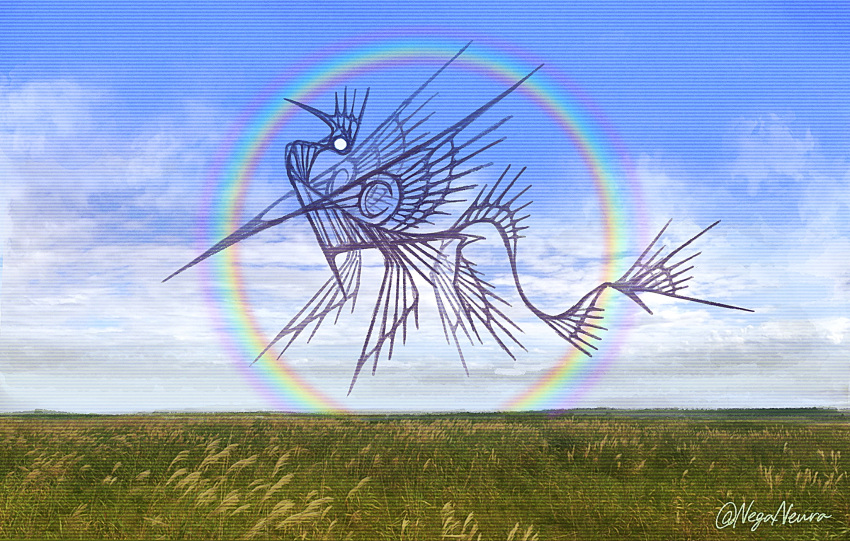 Safebooru - abstract blue sky clouds cloudy sky creature creature focus field fins full body ...