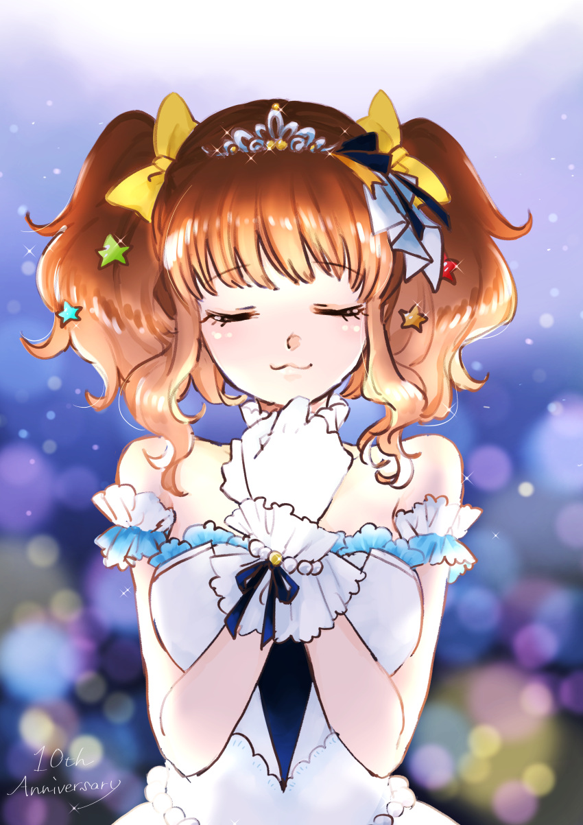 Safebooru - 1girl :3 absurdres anniversary arm garter bow brown hair choker closed eyes closed ...