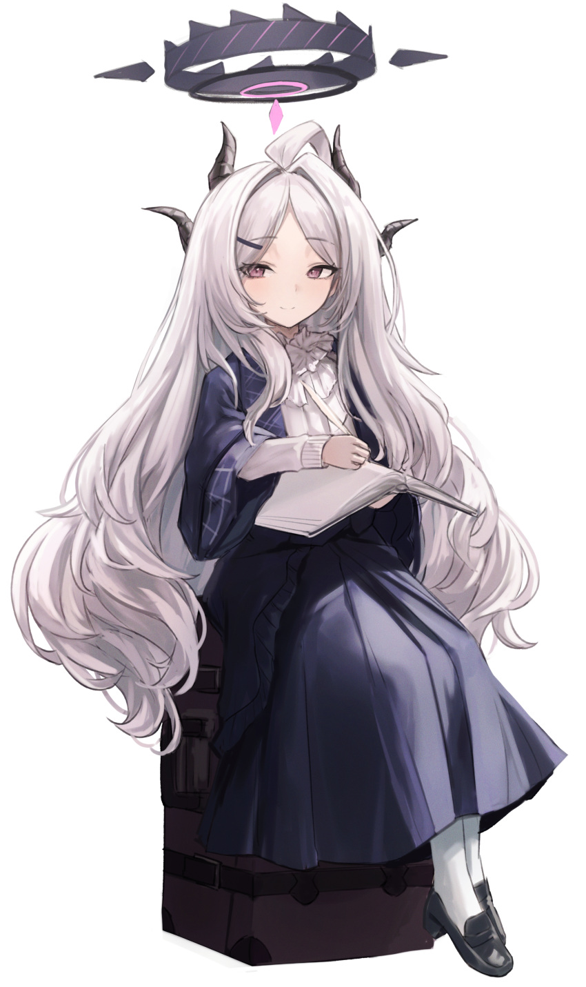 Safebooru - 1girl absurdres ahoge alternate costume ascot black shoes blue archive book closed ...