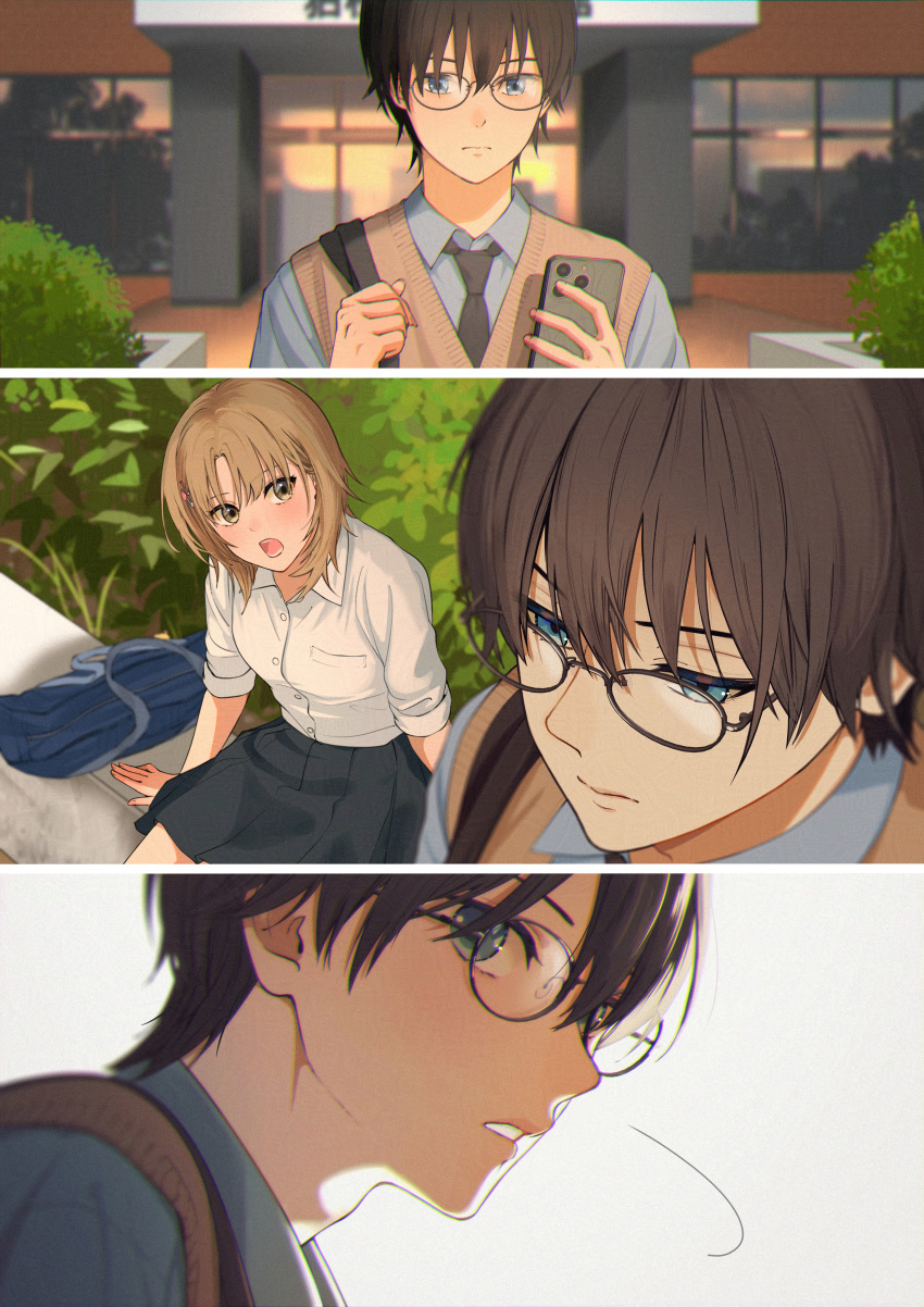 Safebooru - 1boy 1girl absurdres bag black necktie black skirt blue eyes blue shirt brown hair ...