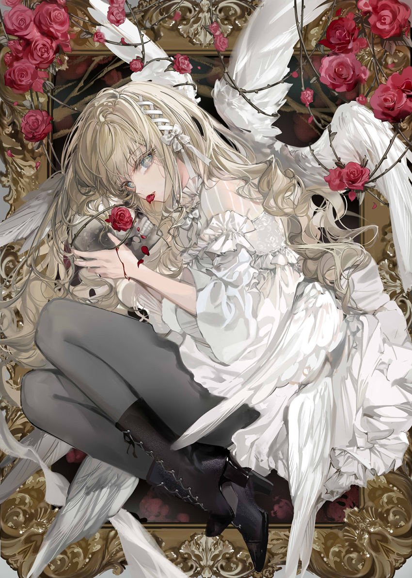 Safebooru 1girl Angel Black Boots Blonde Hair Boots Dress Flower Grey 8114