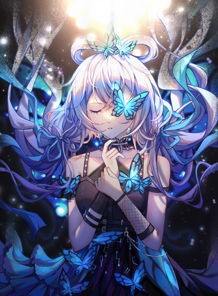 Safebooru - 1girl absurdres black dress blue butterfly bug butterfly butterfly on head butterfly ...