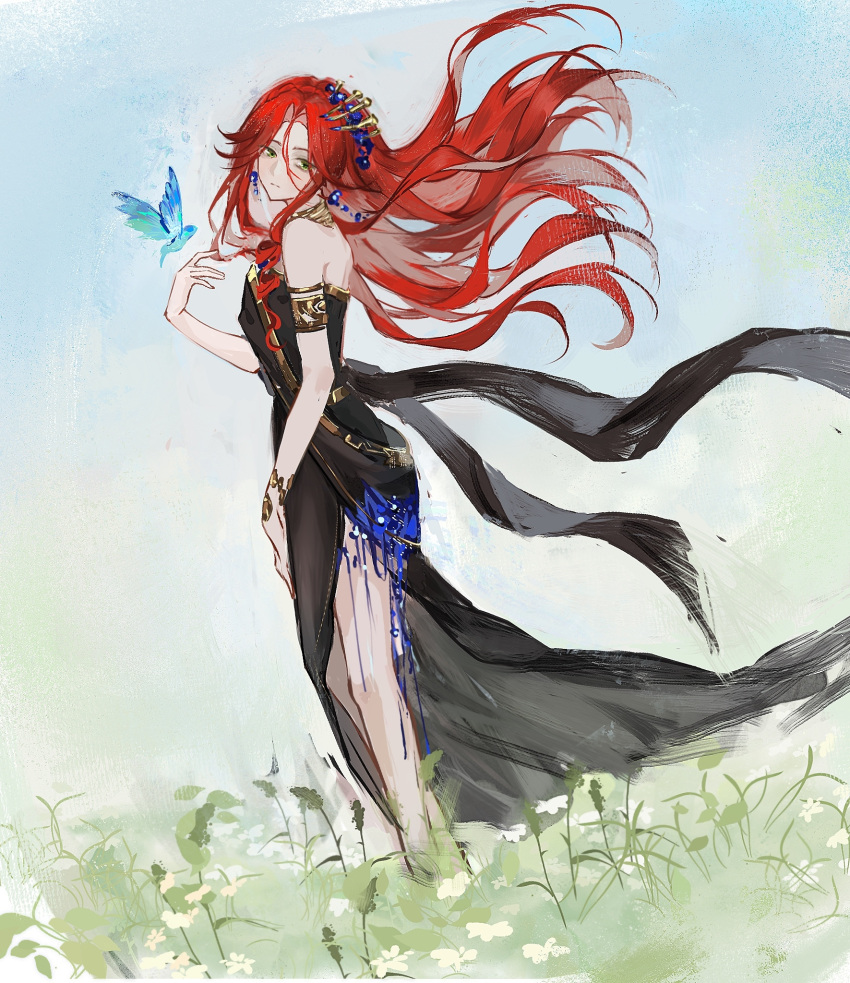 Safebooru - 1girl armlet bare shoulders bird black dress blue background blue bird bracelet ...