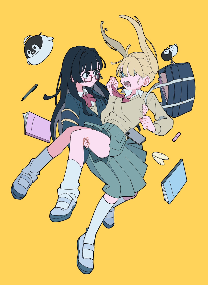 Safebooru - ... 2girls animal ears bag black eyes black hair blue skirt cellphone highres ...