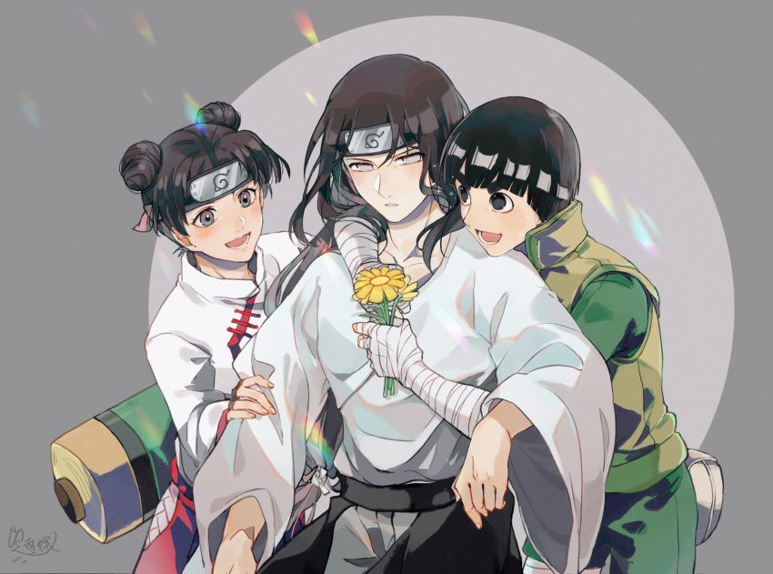 Safebooru - 1girl 2boys arm around neck bandaged arm bandaged hand bandages black eyes black ...