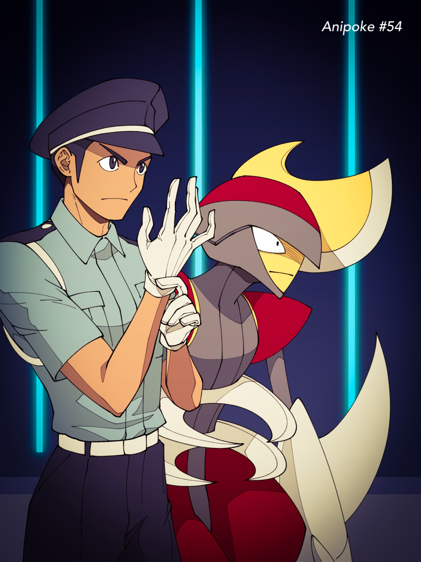 Safebooru - 1boy 1other adjusting clothes adjusting gloves arm blade arm up belt bisharp black ...