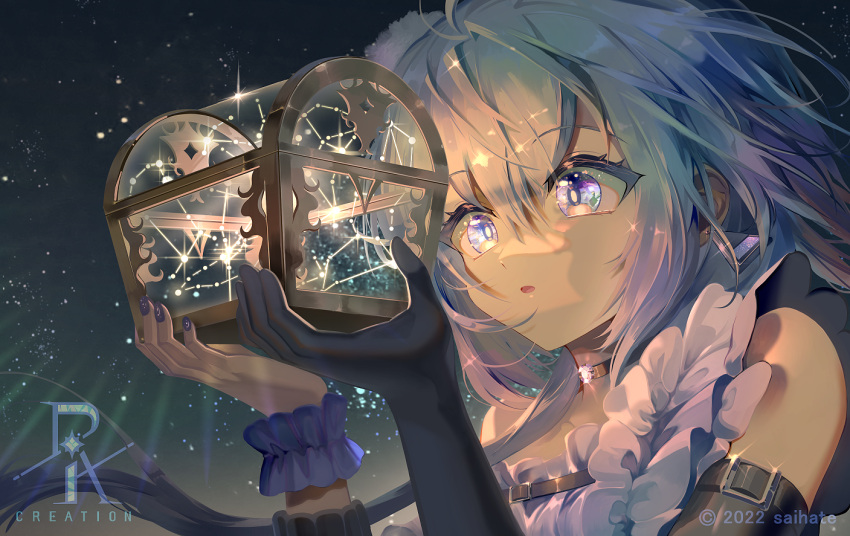 Safebooru - 1girl bare shoulders black gloves blue eyes blue hair collarbone commentary request ...