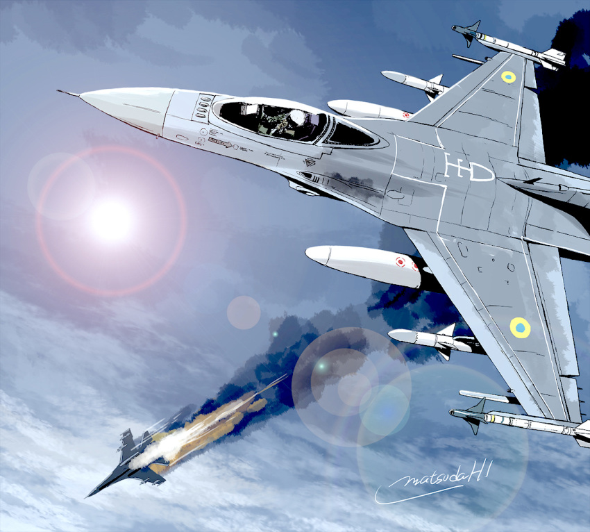 Safebooru - 1boy aerial battle aim-9 sidewinder aircraft airplane artist name battle clouds ...