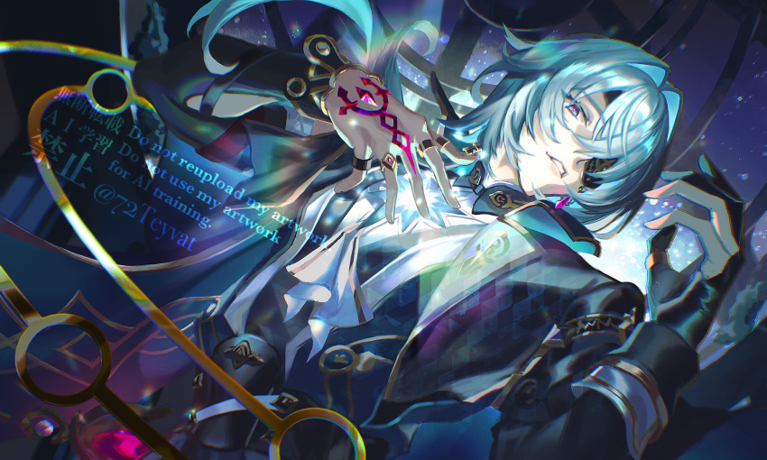 Safebooru - 1boy 72teyvat anaxa (honkai: star rail) aqua hair black gloves black jacket blue ...