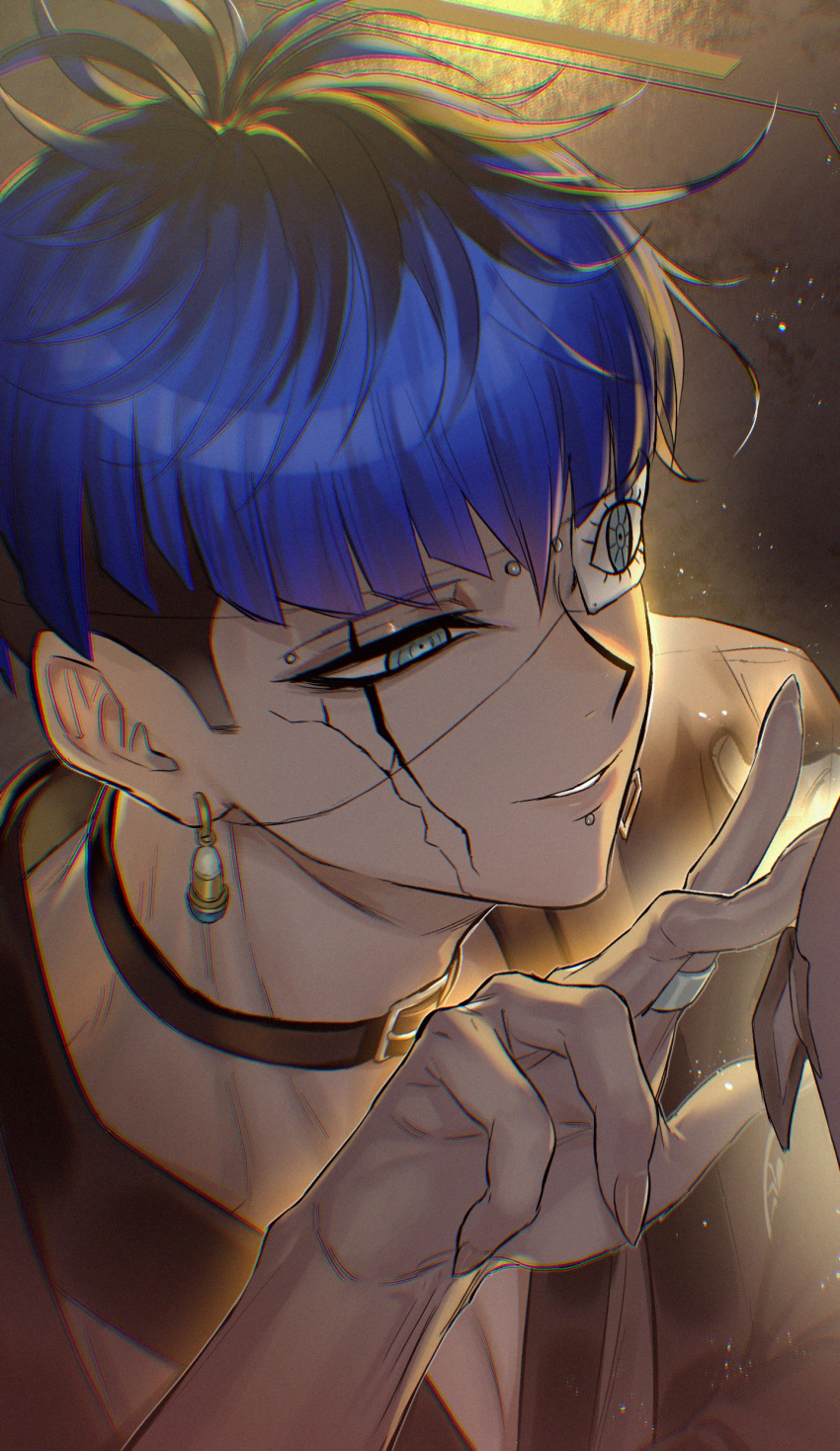 Safebooru - 1boy absurdres black hair black haori blue eyes blue hair choker chromatic ...