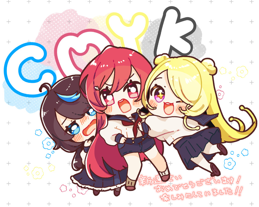 Safebooru - 3girls :3 arataka mimi black hair black shorts black skirt blonde hair blue eyes ...