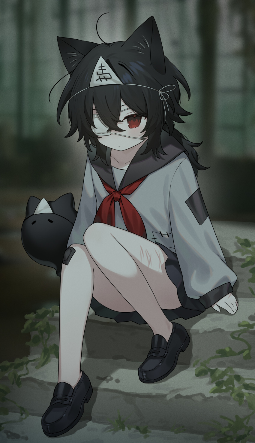 Safebooru - 1girl absurdres animal ears black hair black skirt cat ears closed mouth eyepatch ...