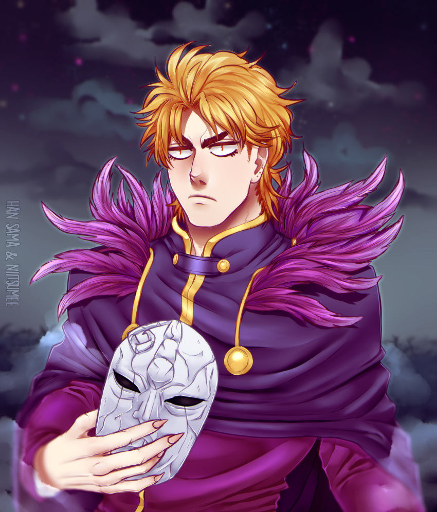 Safebooru - 1boy absurdres artist name birthmark blonde hair blurry cape clouds dio brando ...
