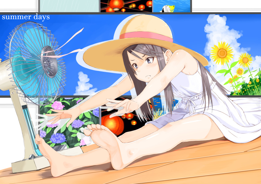 Safebooru - 1girl artist request bare legs bare shoulders barefoot blue eyes brown hair ...
