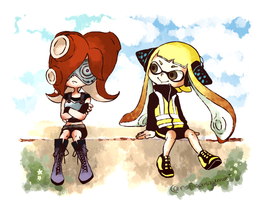 Safebooru - 2girls armor belt bike shorts boots crossed arms domino ...