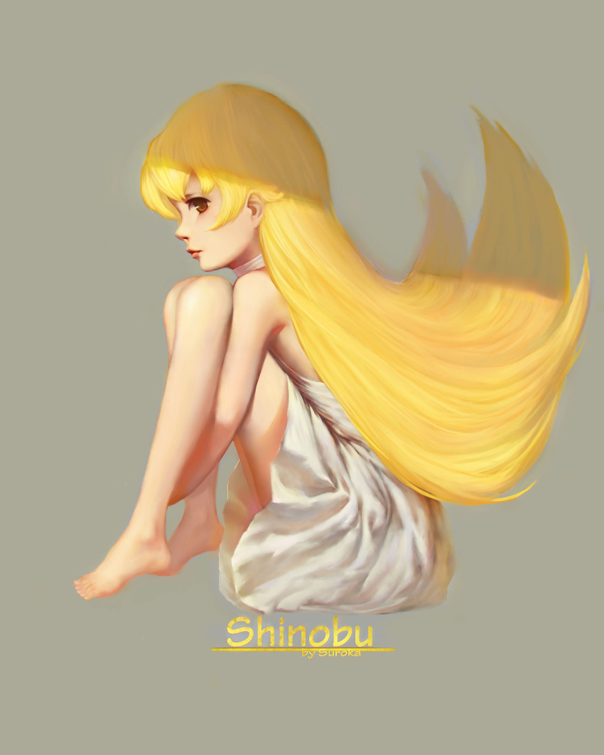 Safebooru - 1girl artist name artist request bakemonogatari bare shoulders barefoot blonde hair ...