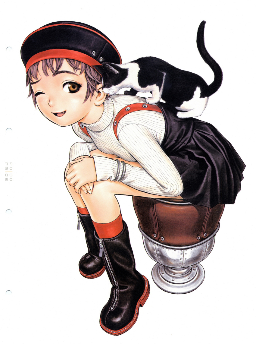 Safebooru - absurdres boots brown eyes brown hair cat form code hat highres range murata scan ...