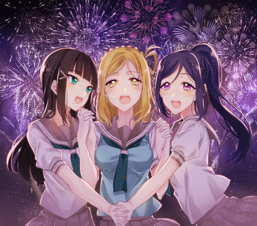 Safebooru - 3girls :d aerial fireworks aqua eyes bangs black hair ...
