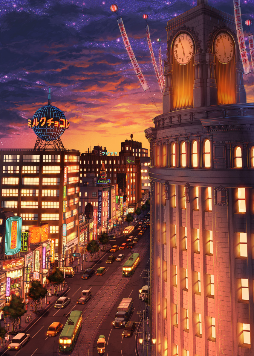 Safebooru - asano shiki balloon banner building bus car city cityscape ...