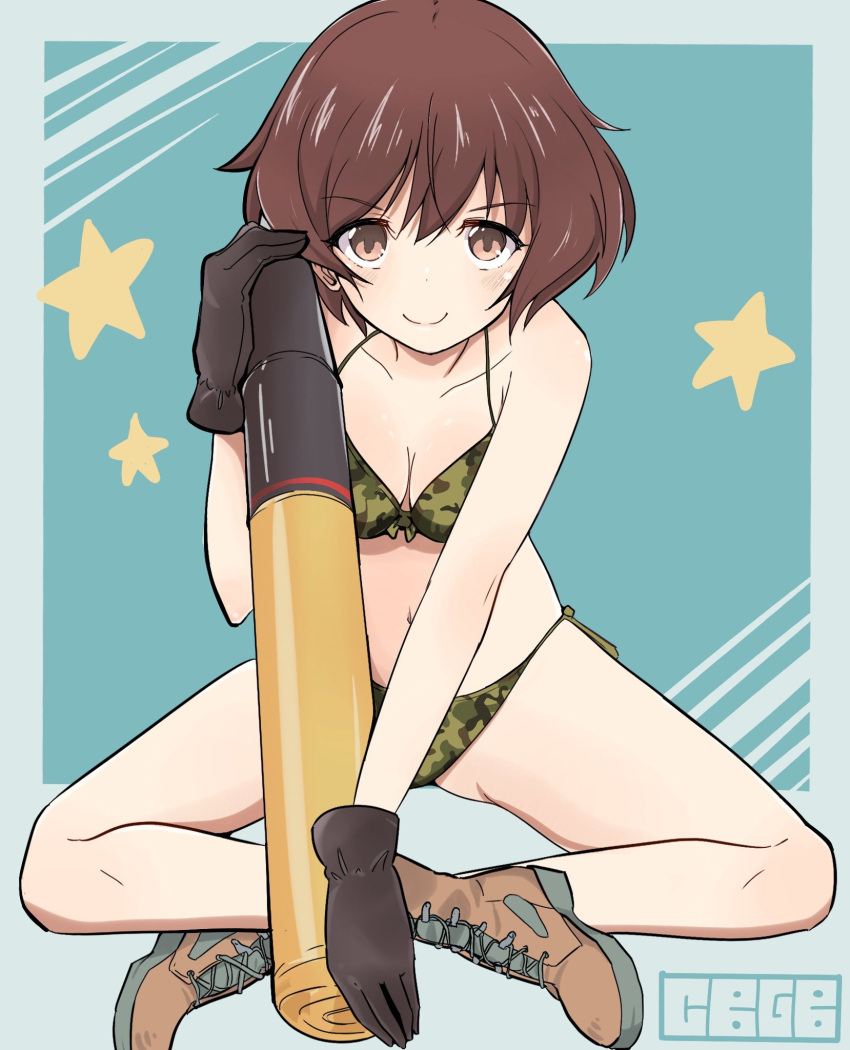 Safebooru - 1girl akiyama yukari boots brown eyes brown hair camouflage cbgb girls und panzer ...