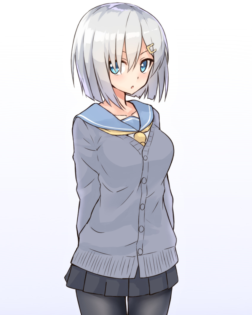 Safebooru - 1girl arms behind back bangs black legwear blue eyes blush breasts cardigan hair ...