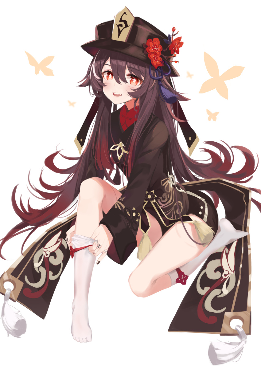 Safebooru - 1girl absurdres black headwear black shorts blush brown hair chinese clothes feet ...
